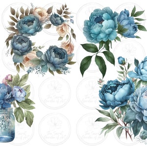 Watercolor Blue Peony Clipart Bundle - 9 Png,transparent Background ...