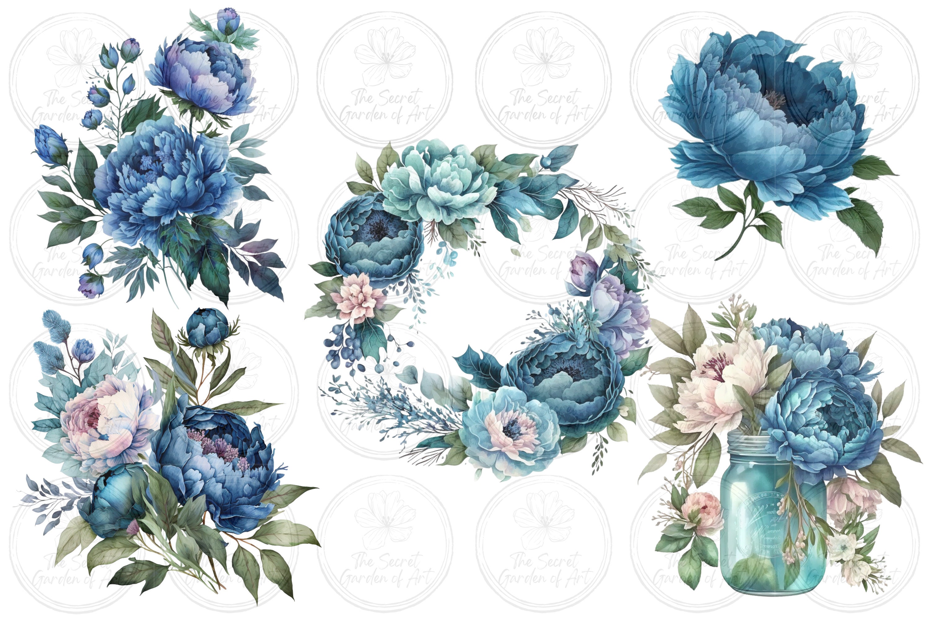 Watercolor Blue Peony Clipart Bundle - 9 Png,transparent Background ...