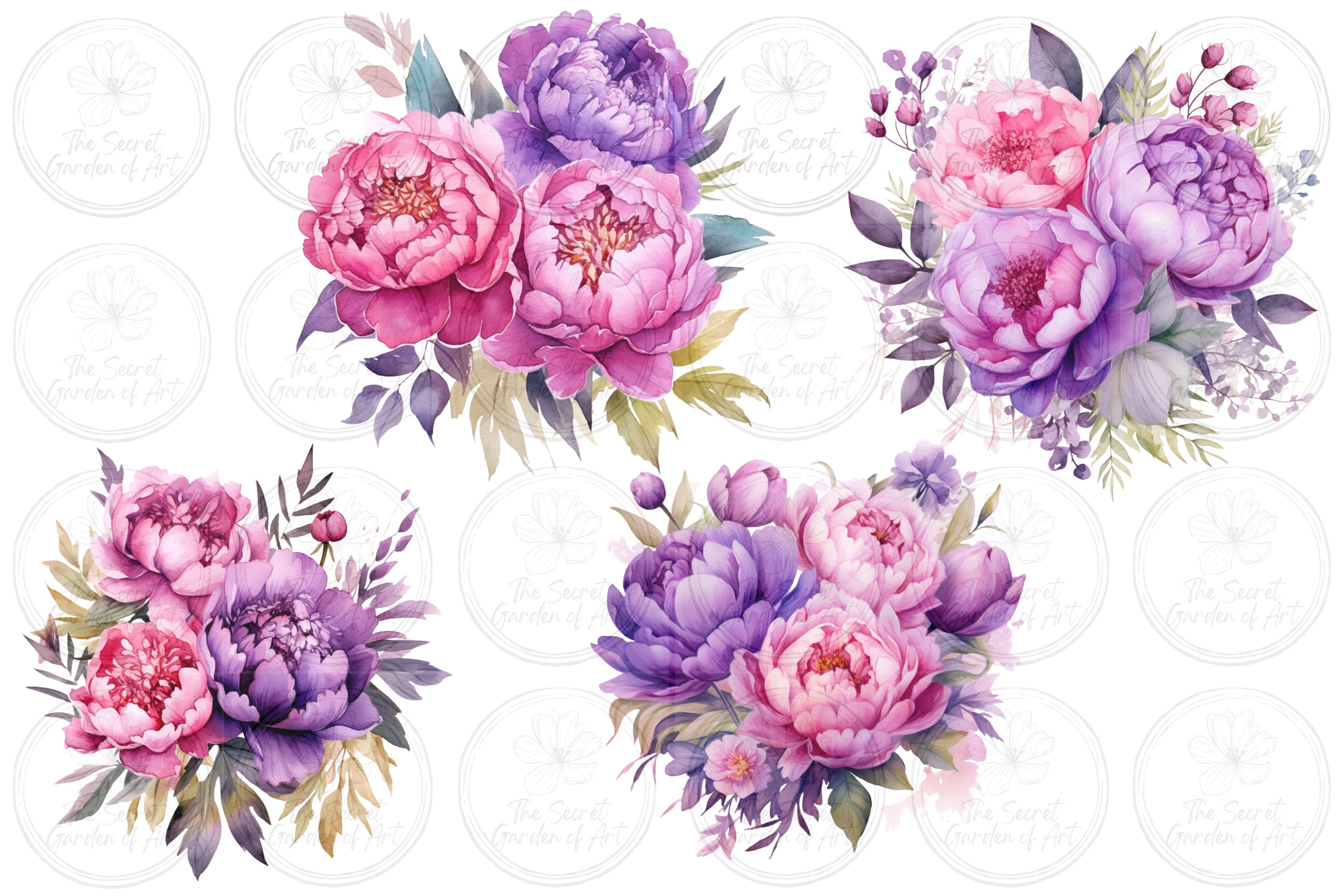 Watercolor Pink Peony Bouquet Clipart- 8 Png,transparent Background ...