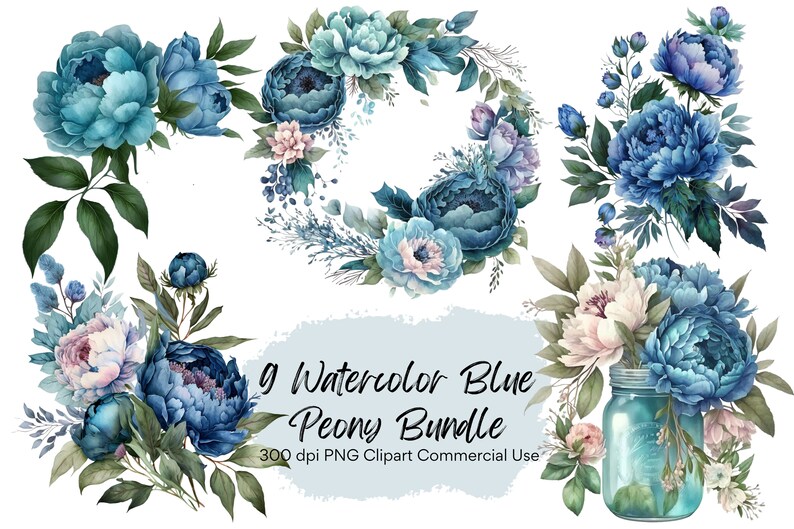 Watercolor Blue Peony Clipart Bundle - 9 Png,transparent Background ...