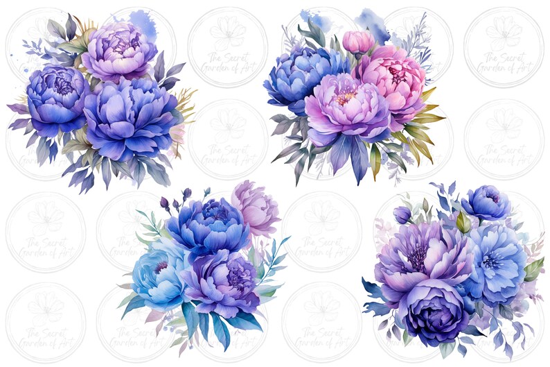 Watercolor Purple Peony Bouquet Clipart- 8 Png,transparent Background ...