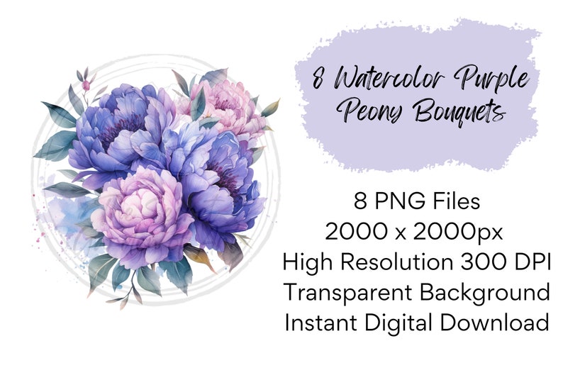 Watercolor Purple Peony Bouquet Clipart- 8 Png,transparent Background ...