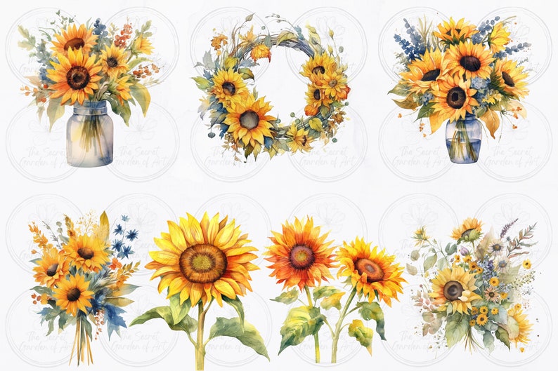 Watercolor Sunflowers Bouquet Clipart Bundle - 20 Png,transparent ...
