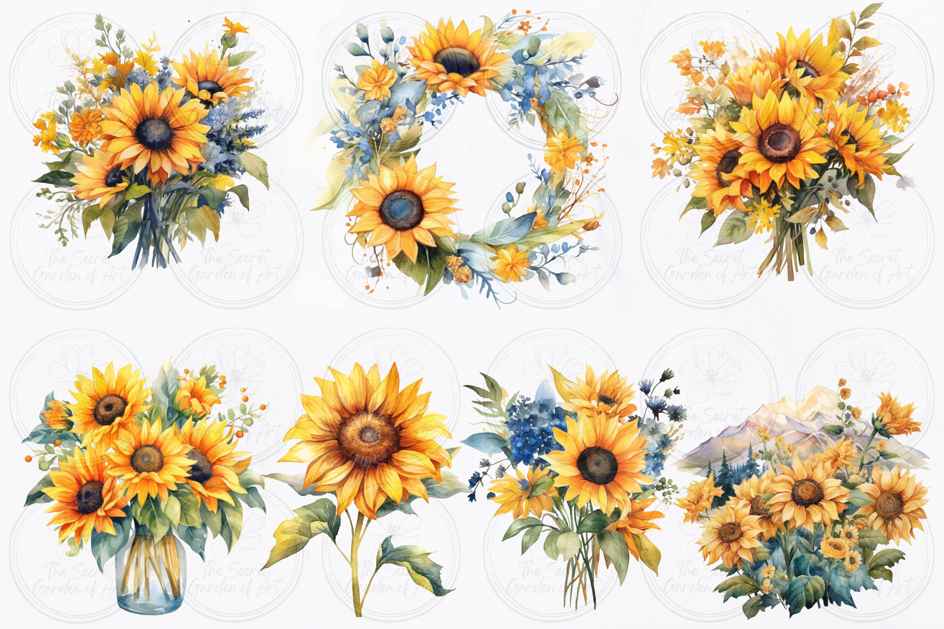 Watercolor Sunflowers Bouquet Clipart Bundle - 20 Png,transparent ...