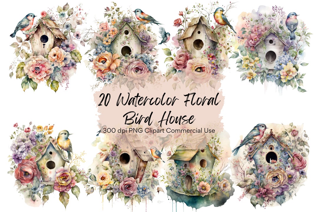 Watercolor Floral Bird Houses Clipart - 20 Png,transparent Background ...