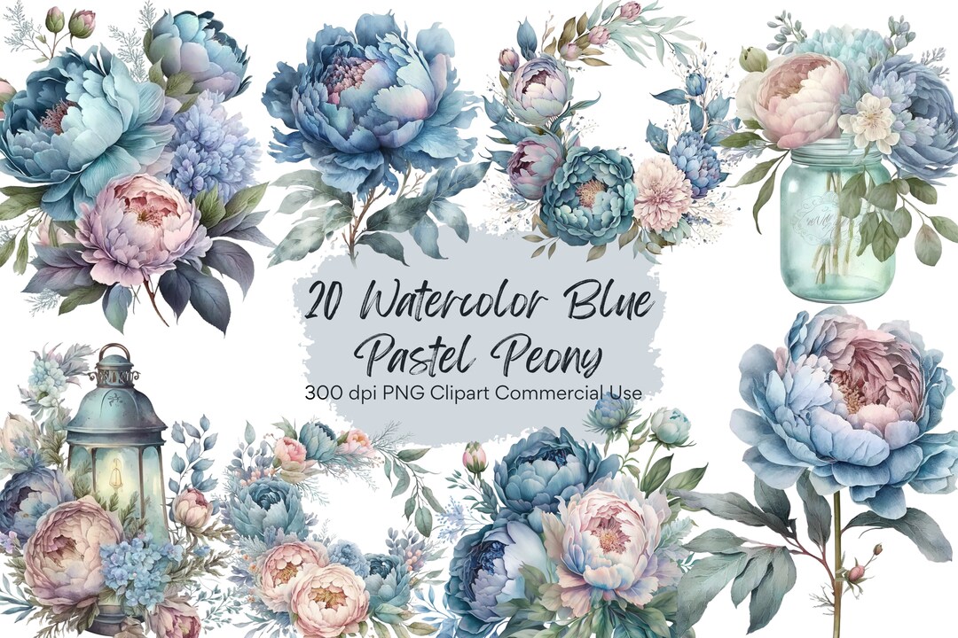 Watercolor Blue Pastel Peony Clipart Bundle - 20 Png,transparent ...
