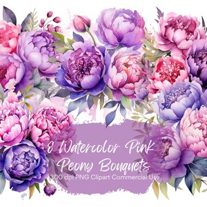 Watercolor Pink Peony Bouquet Clipart- 8 Png,transparent Background ...