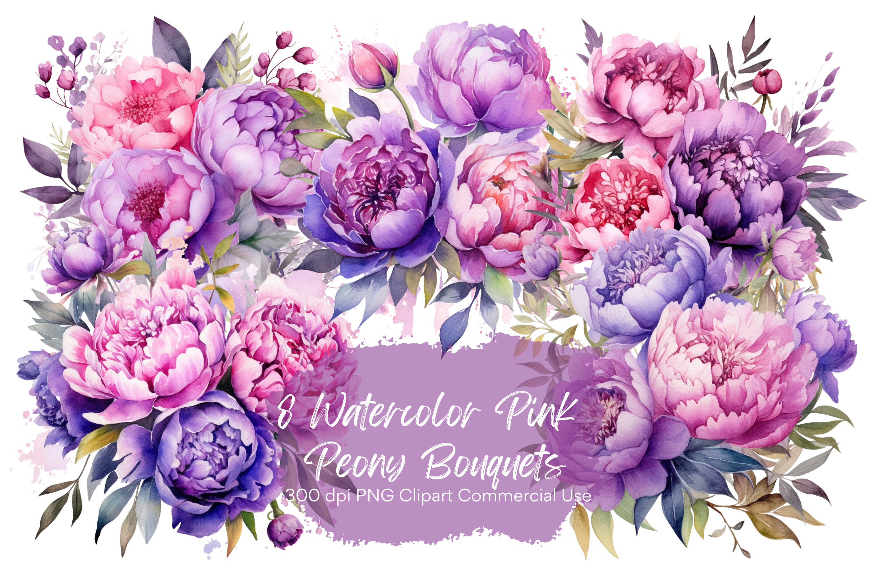 Watercolor Pink Peony Bouquet Clipart- 8 Png,transparent Background ...