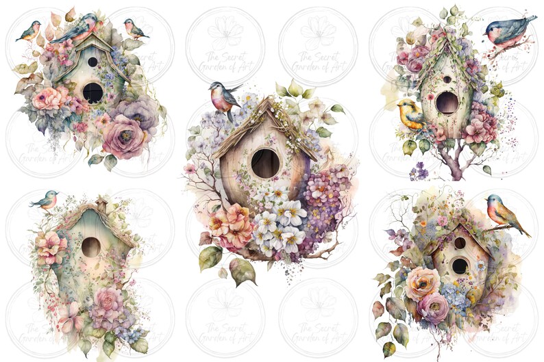 Watercolor Floral Bird Houses Clipart - 20 Png,transparent Background ...
