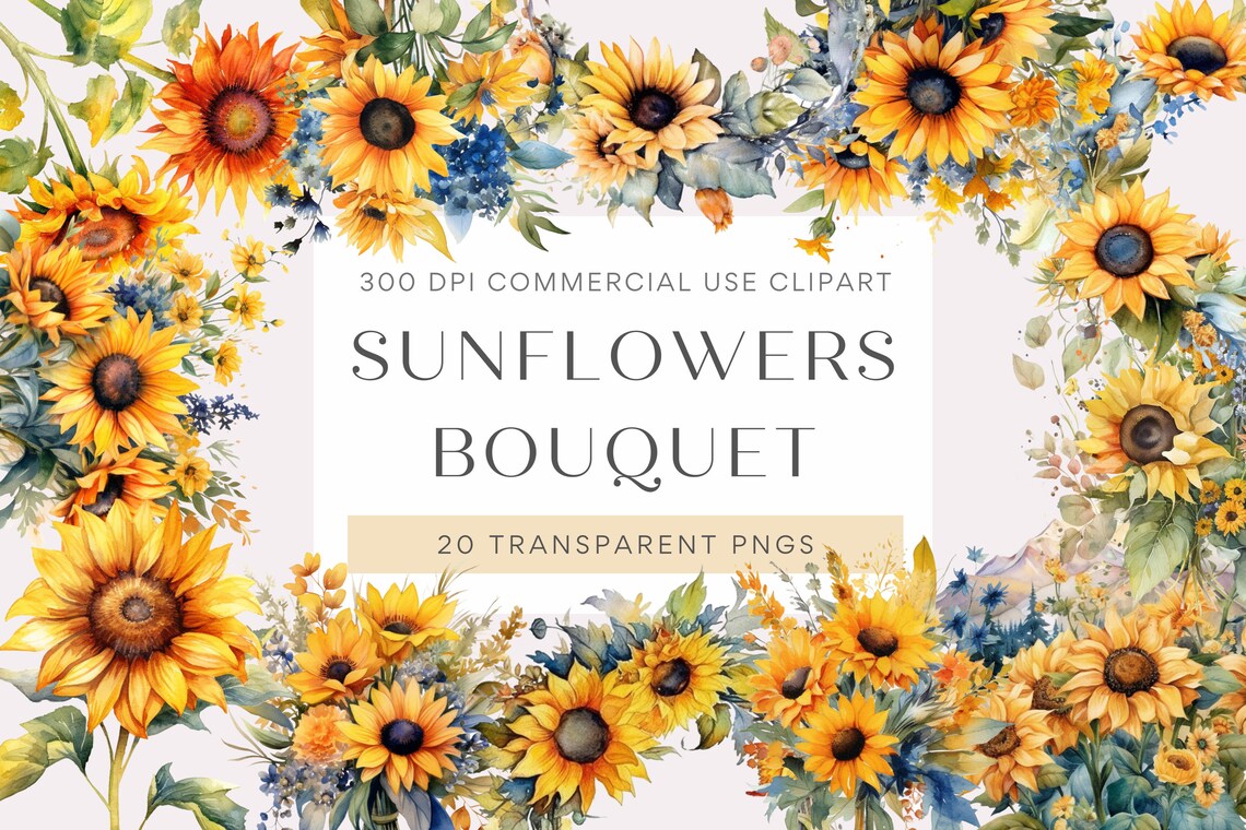 Watercolor Sunflowers Bouquet Clipart Bundle 20 Png,transparent ...