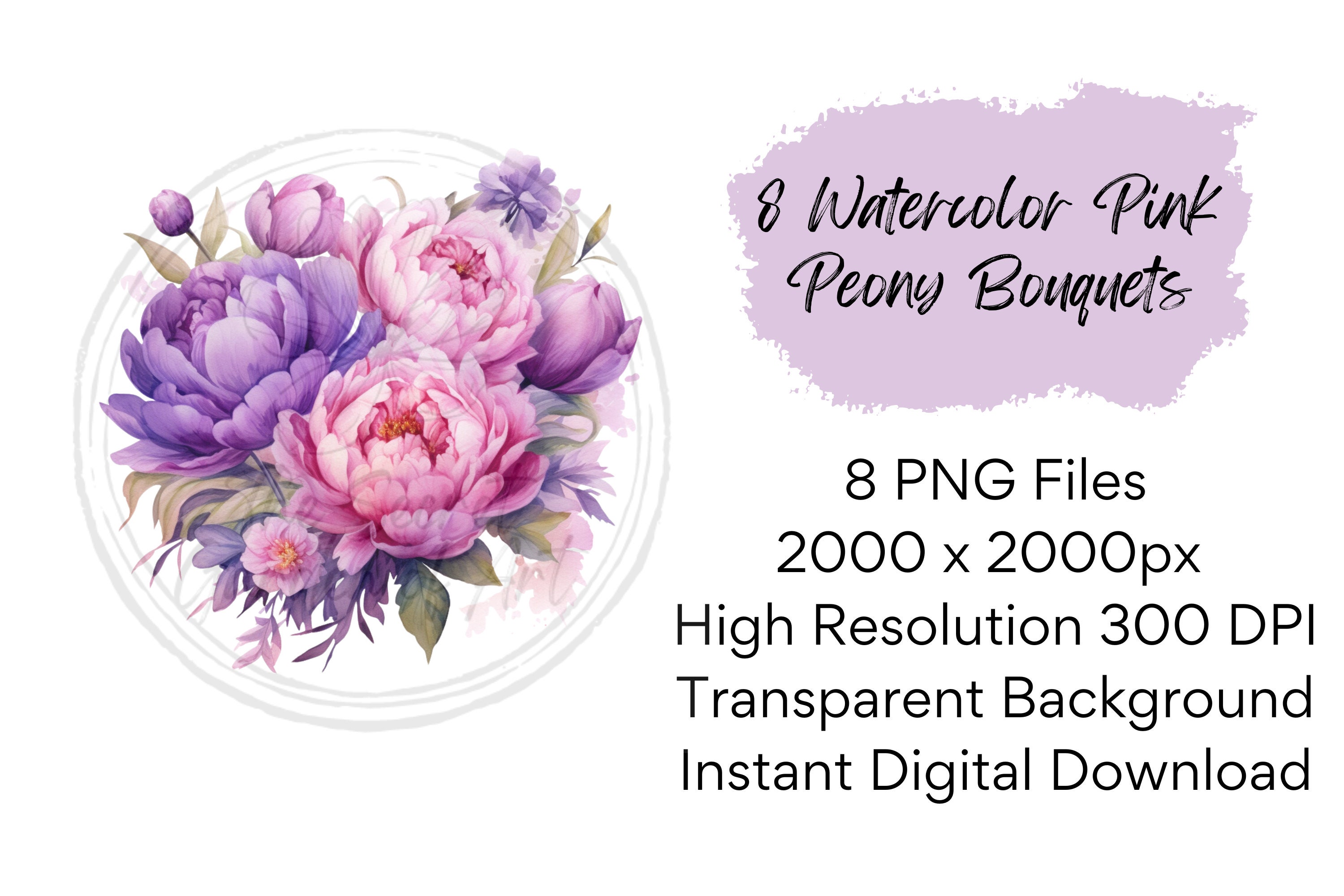 Watercolor Pink Peony Bouquet Clipart- 8 Png,transparent Background ...