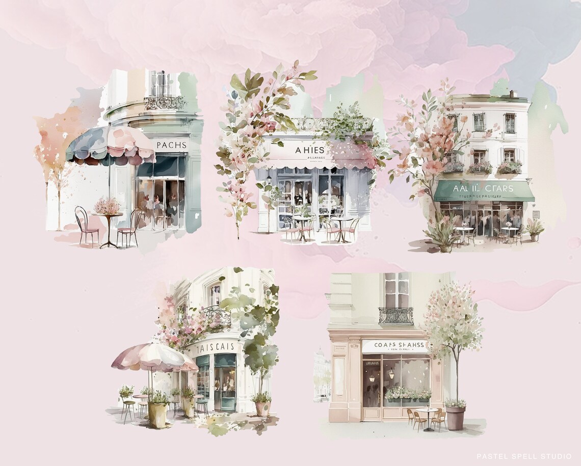 Paris Watercolor Clipart, Paris Cafe and Balcony Clipart, Croissant and ...