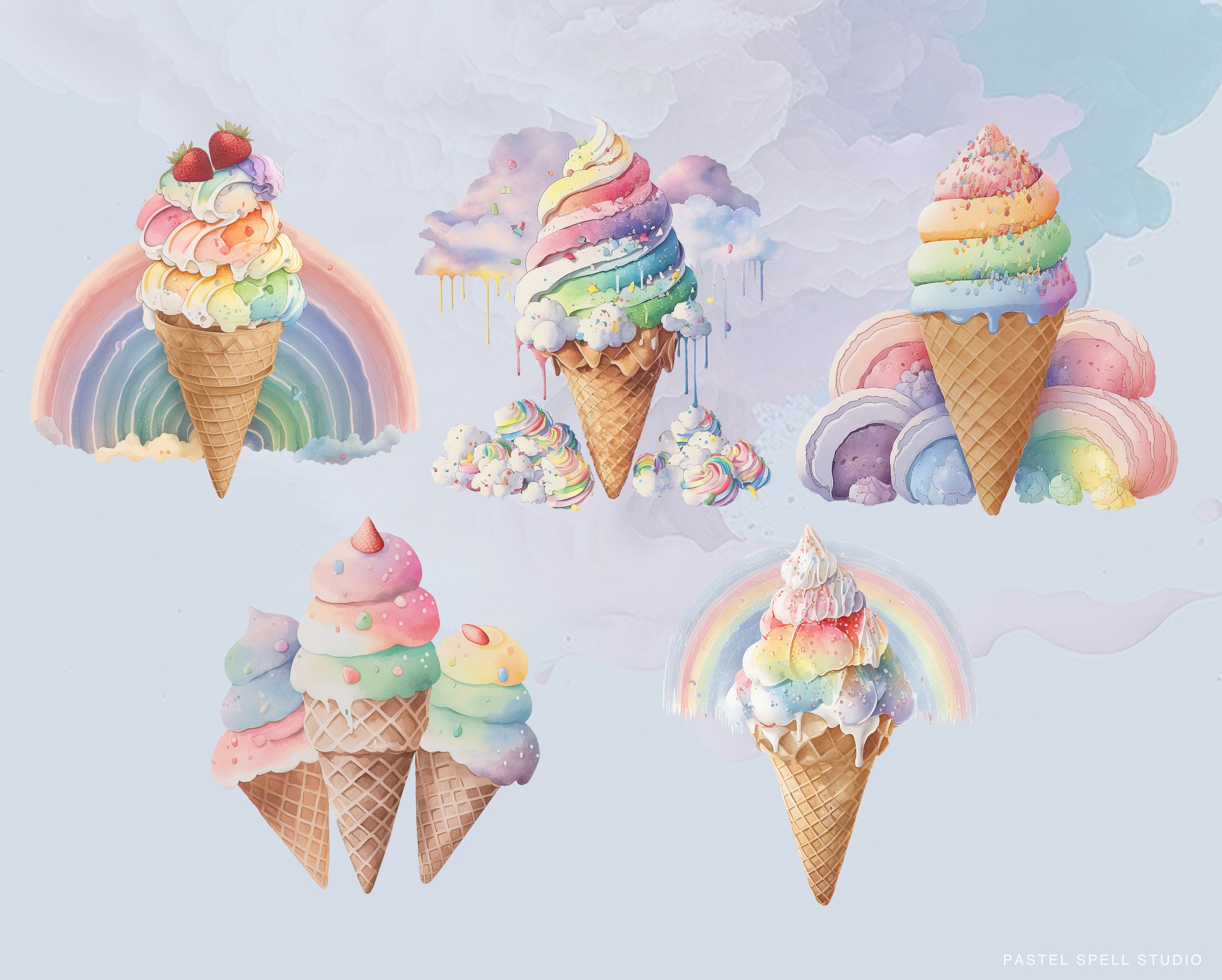 Ice Cream Clipart, Ice Cream Watercolor Clipart, Ice Cream Cone Rainbow ...