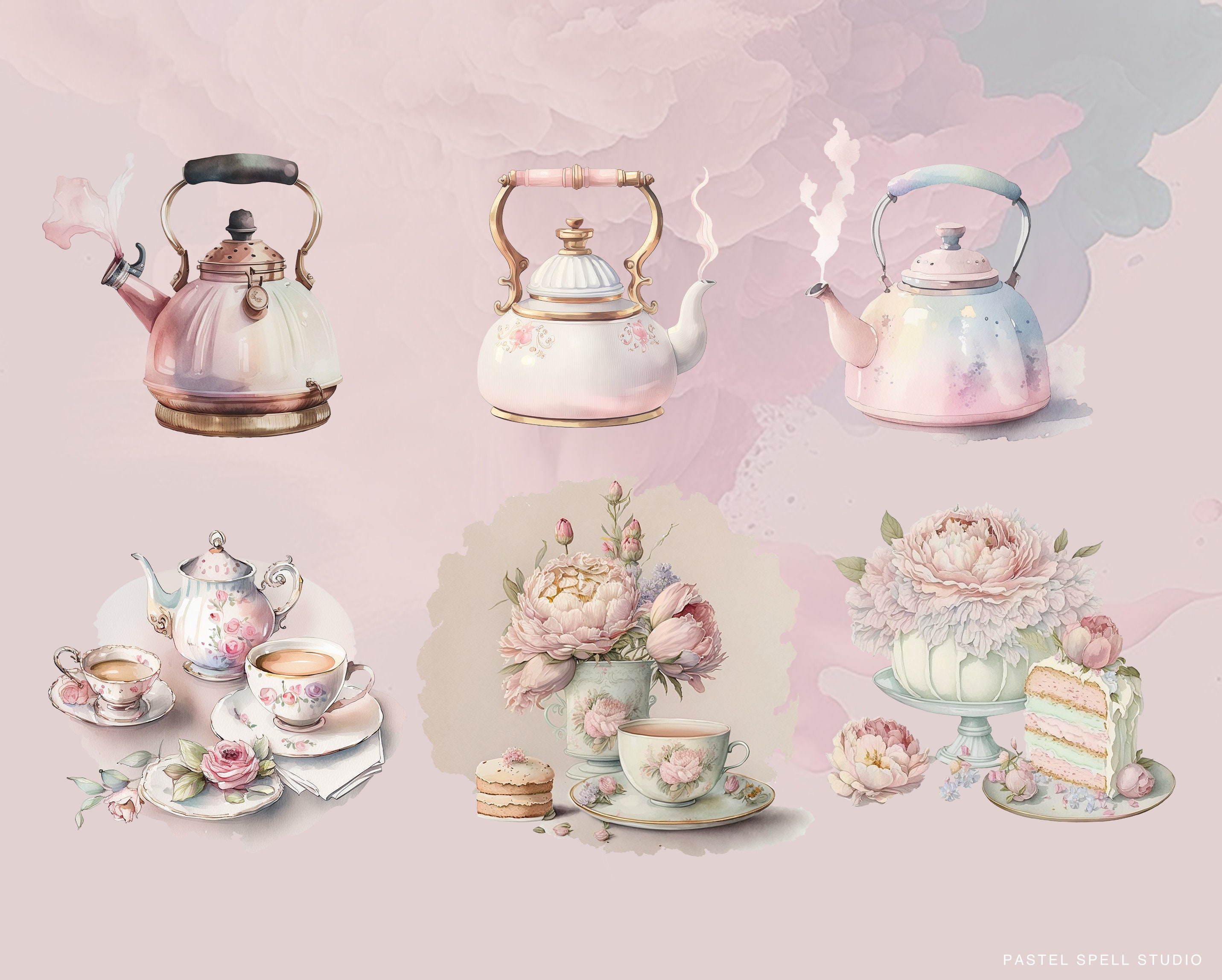 Watercolor Tea Party Clipart: Vintage Teacups, Cakes (30 PNG) - Etsy