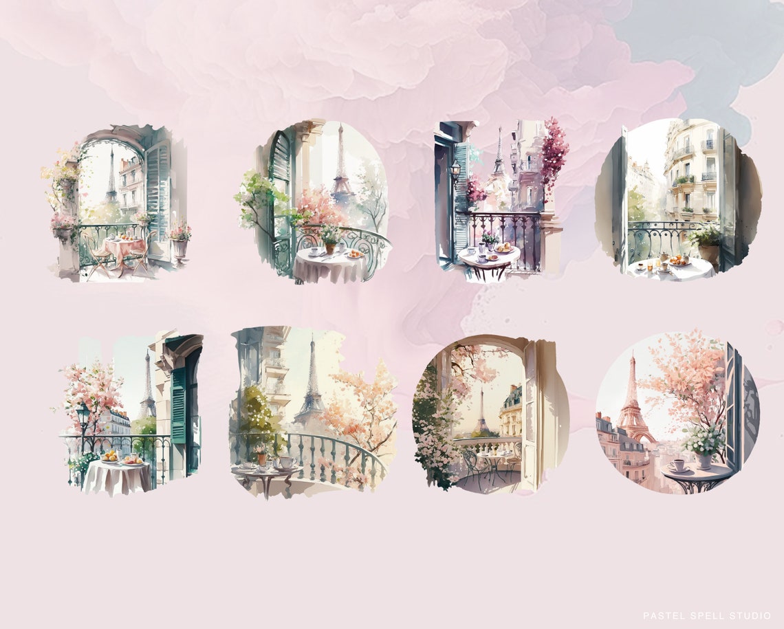 Paris Watercolor Clipart, Paris Cafe and Balcony Clipart, Croissant and ...
