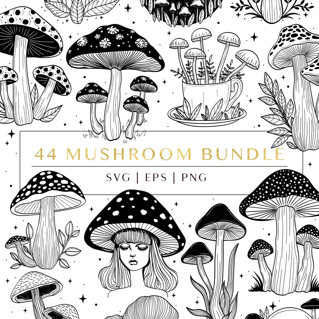 Mushroom SVG Clipart Bundle: Mystical Skulls, Girls, Nature (digital ...