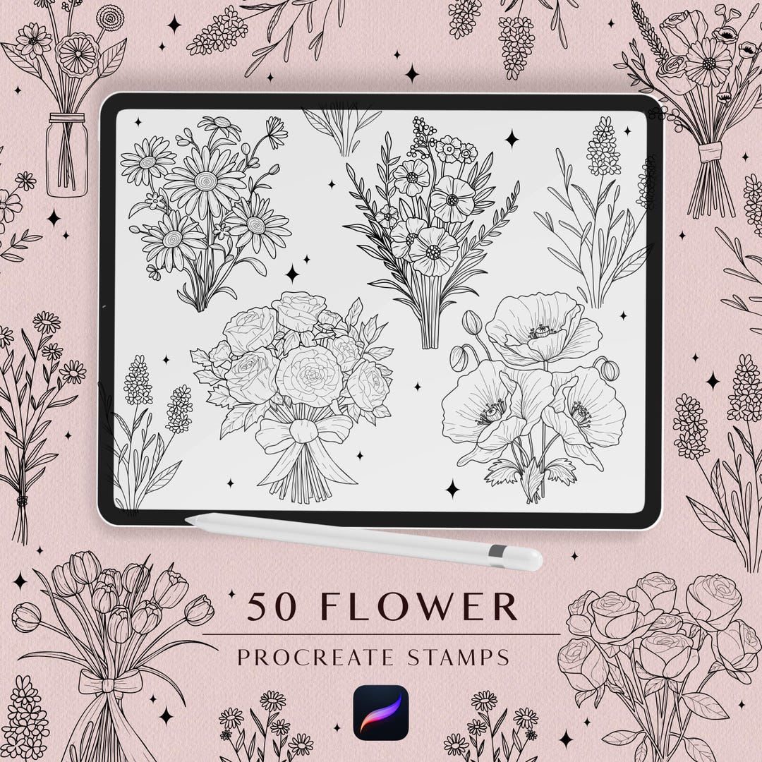 50 Floral Bouquet Procreate Stamps: Wildflower Brush Set (digital ...