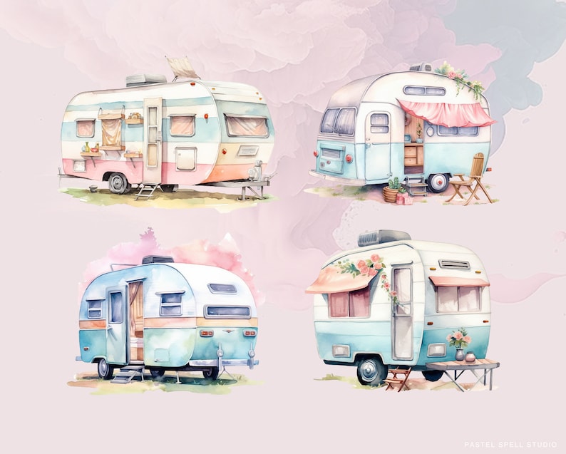 Retro Camper Png, Camper Clipart, Cute Pastel Watercolor Illustrations ...