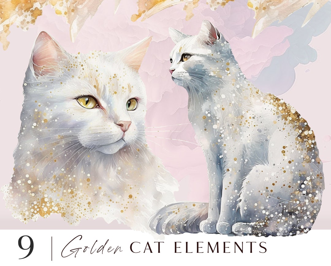 Magical Cat Clipart, Golden Glitter White Cat Png, Watercolor Clipart ...
