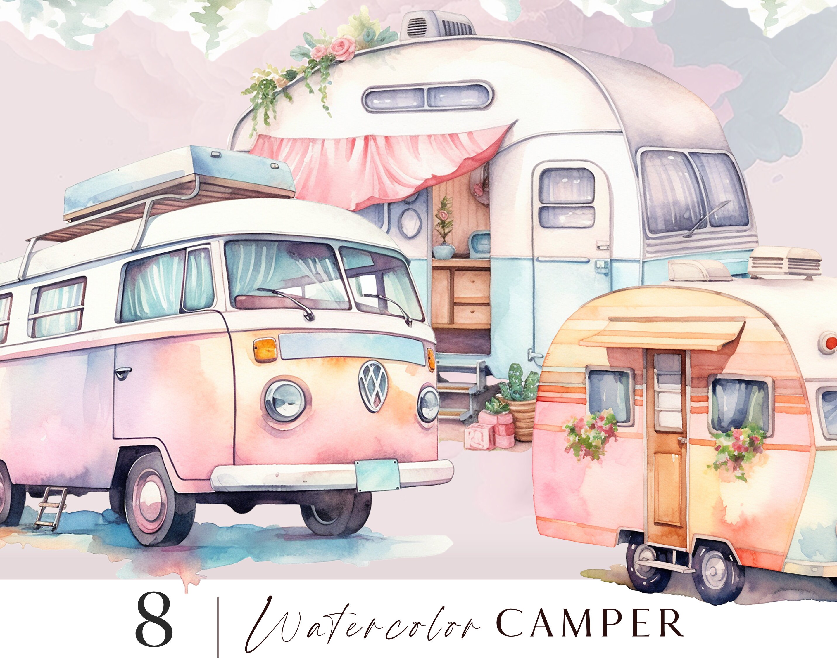 Retro Camper Png, Camper Clipart, Cute Pastel Watercolor Illustrations ...