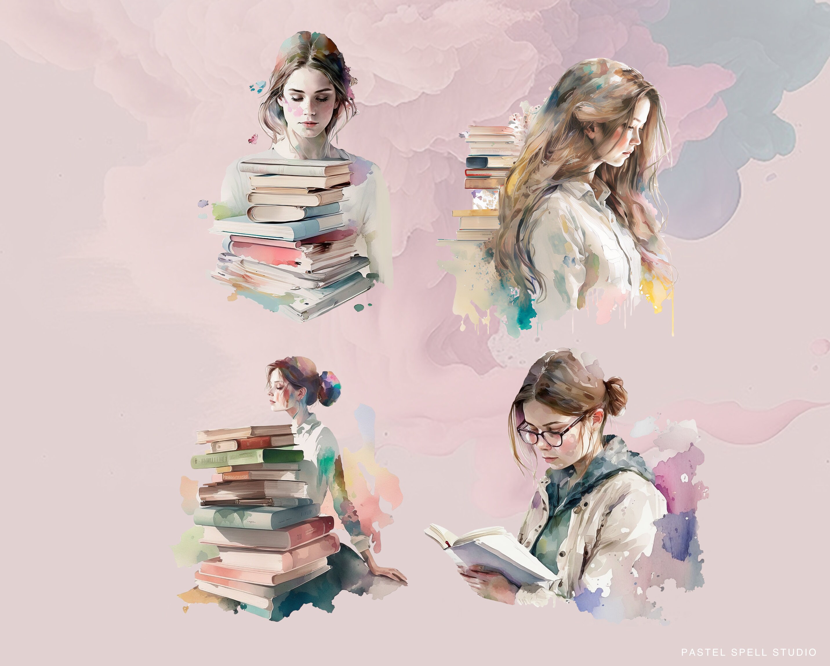 Girl Reading Clipart, Watercolor Clipart Bundle, Reading Books Png ...