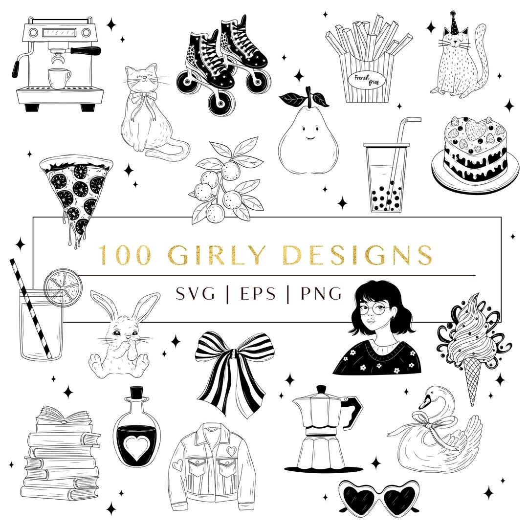 Cute Svg Set. Girly Patchwork Elements Set: Girl, Dog, Cat, Fast Food ...