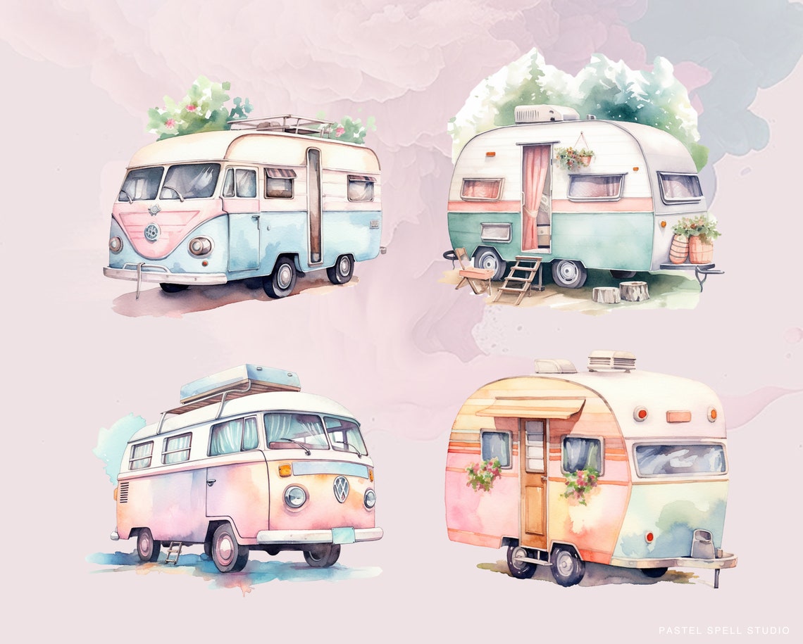 Retro Camper Png, Camper Clipart, Cute Pastel Watercolor Illustrations ...