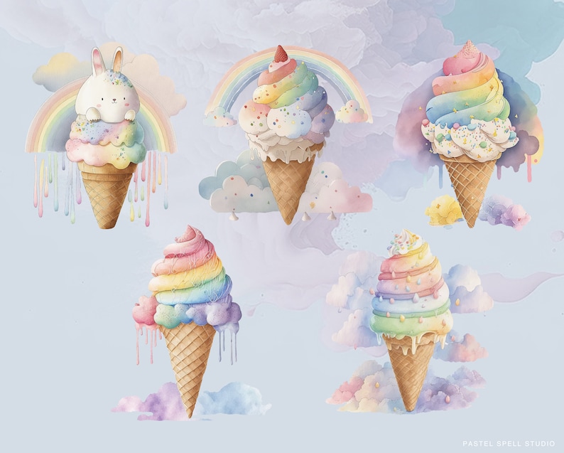 Ice Cream Clipart, Ice Cream Watercolor Clipart, Ice Cream Cone Rainbow ...