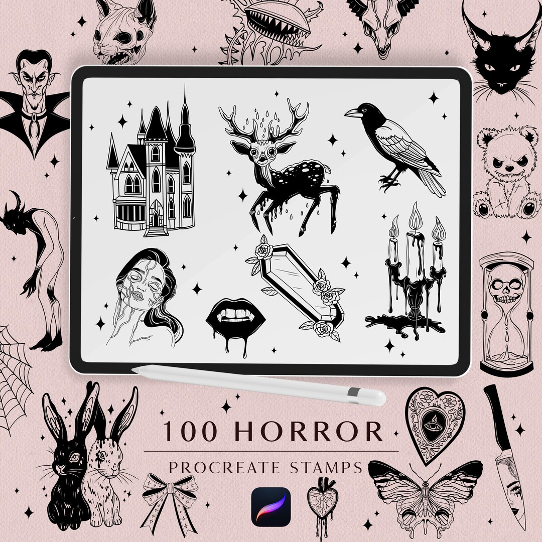 Horror Procreate Tattoo Stamps, Procreate Brushes, Scary Gothic Fantasy ...