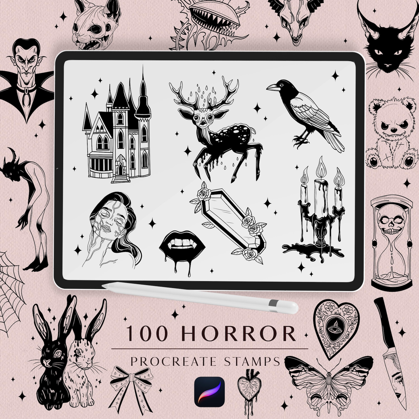 Horror Procreate Tattoo Stamps, Procreate Brushes, Scary Gothic Fantasy ...