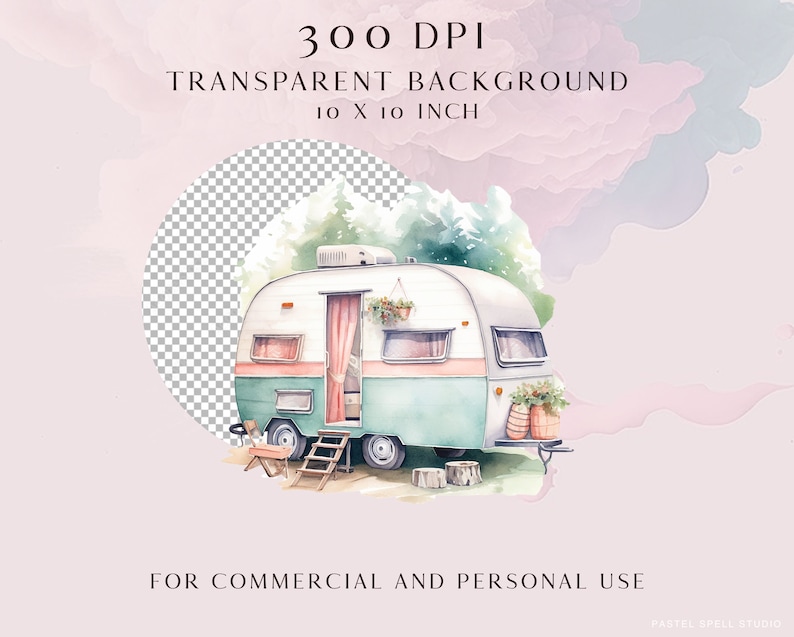 Retro Camper Png, Camper Clipart, Cute Pastel Watercolor Illustrations, Clip Art for Personal ...
