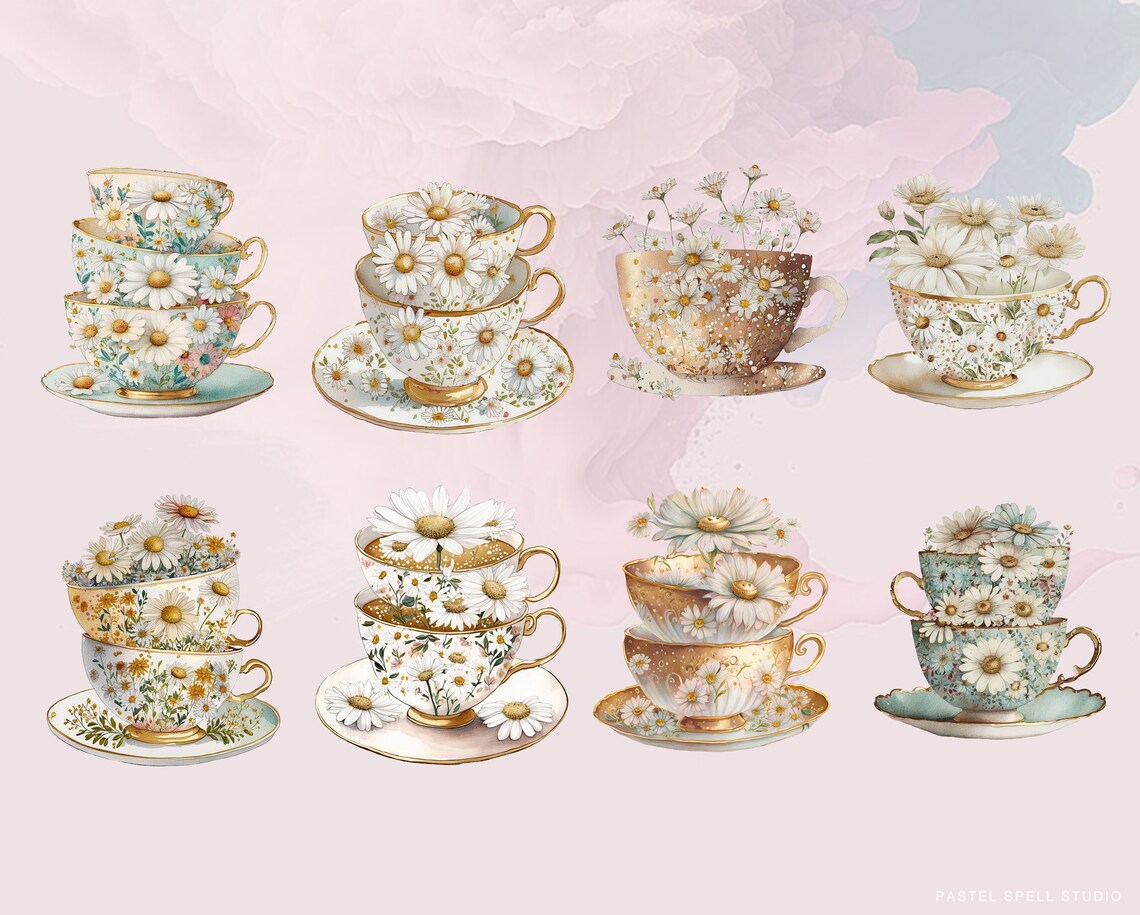 Tea Party Clipart, Daisy Teacup Clipart, Elements for Tea Party ...