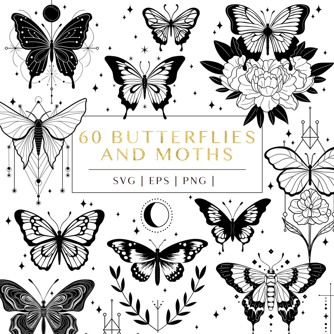 Butterfly Svg, Moth Svg, Mystical and Floral Vector Illustration Bundle ...