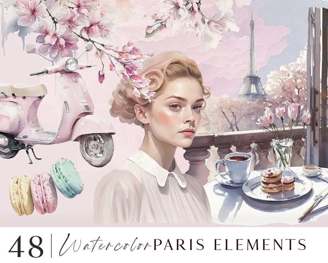 Paris Watercolor Clipart, Paris Cafe and Balcony Clipart, Croissant and ...
