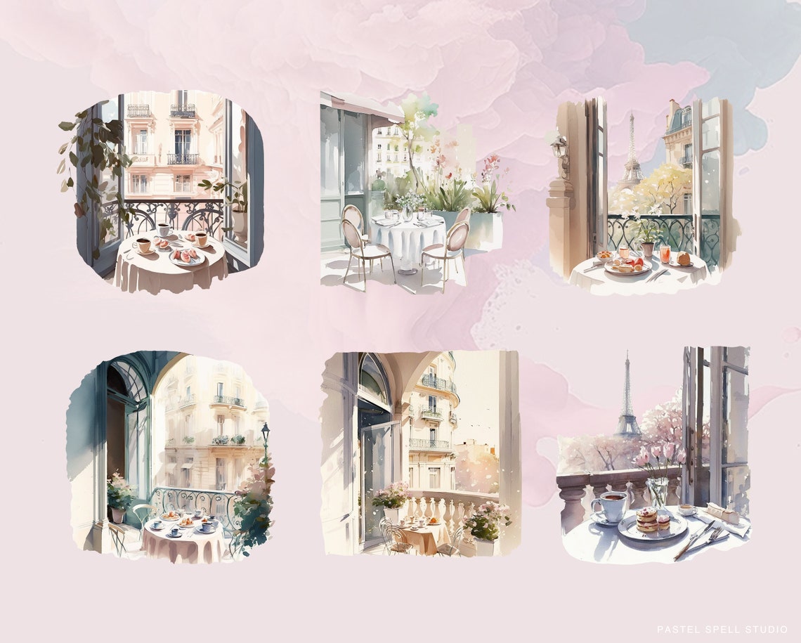Paris Watercolor Clipart, Paris Cafe and Balcony Clipart, Croissant and ...