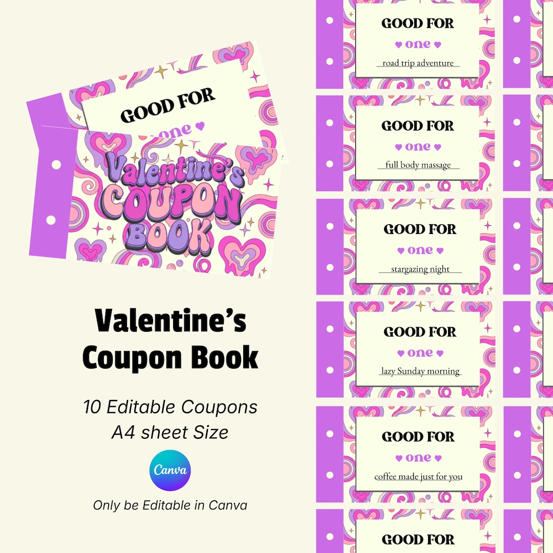 70s Retro Love Coupon Book Template | 10 Editable Valentine's Day ...