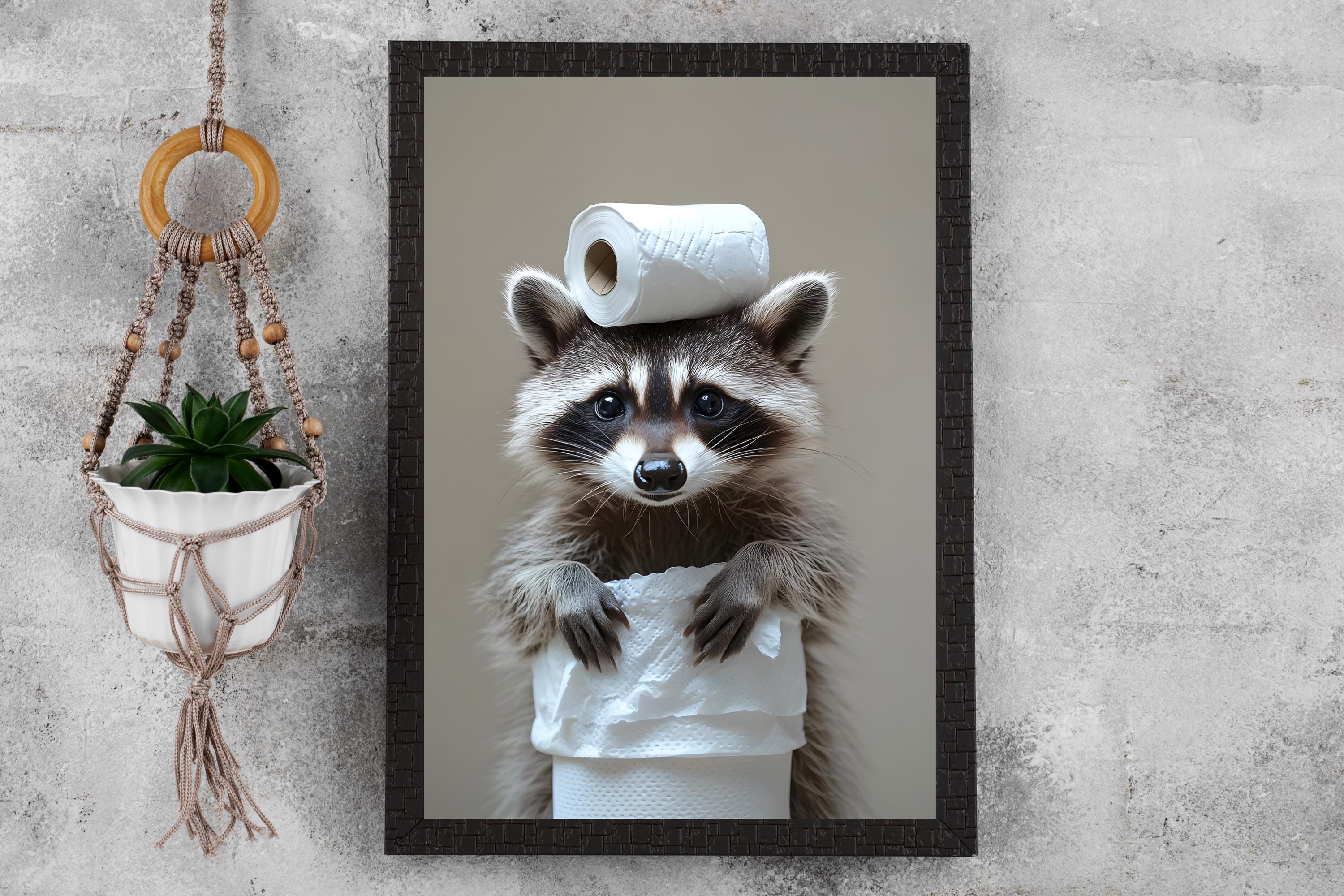 Mapache con un rollo de papel higiénico en la cabeza, arte divertido ...