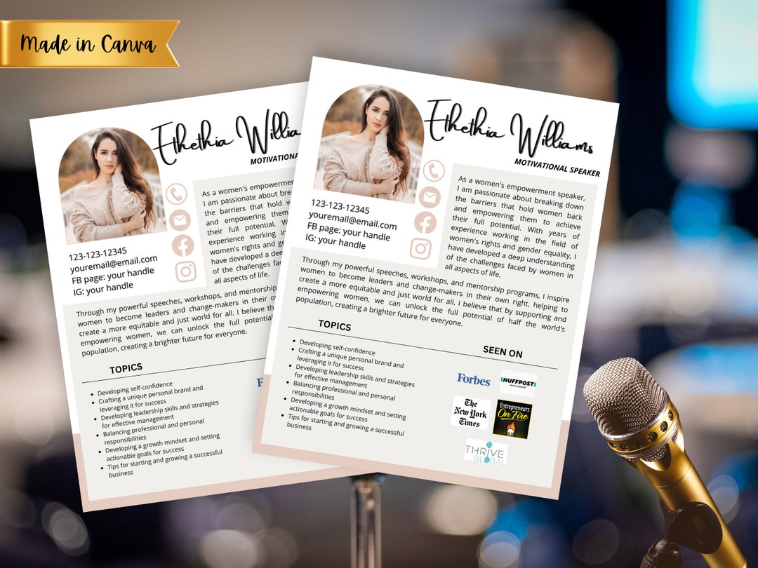 One Page Speaker Sheet | Editable Speaker Sheet | Customizable Speaker ...