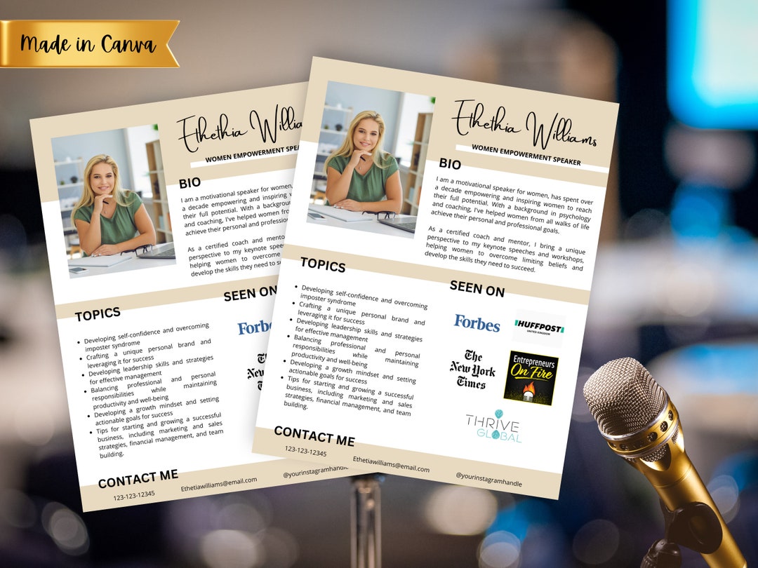 One Page Speaker Sheet Editable Speaker Sheet Customizable Speaker ...