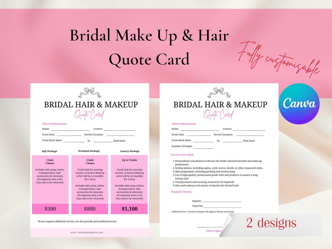 1 Page Bridal Make up Quote Card | Makeup Artist Pricing Sheet | 1 Page ...