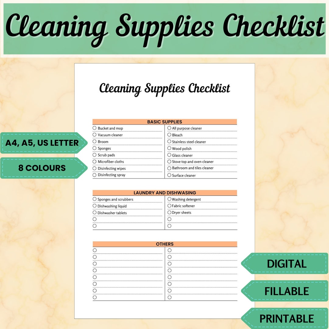 Cleaning Supplies Checklist, Printable Cleaning Planner, Cleaning ...