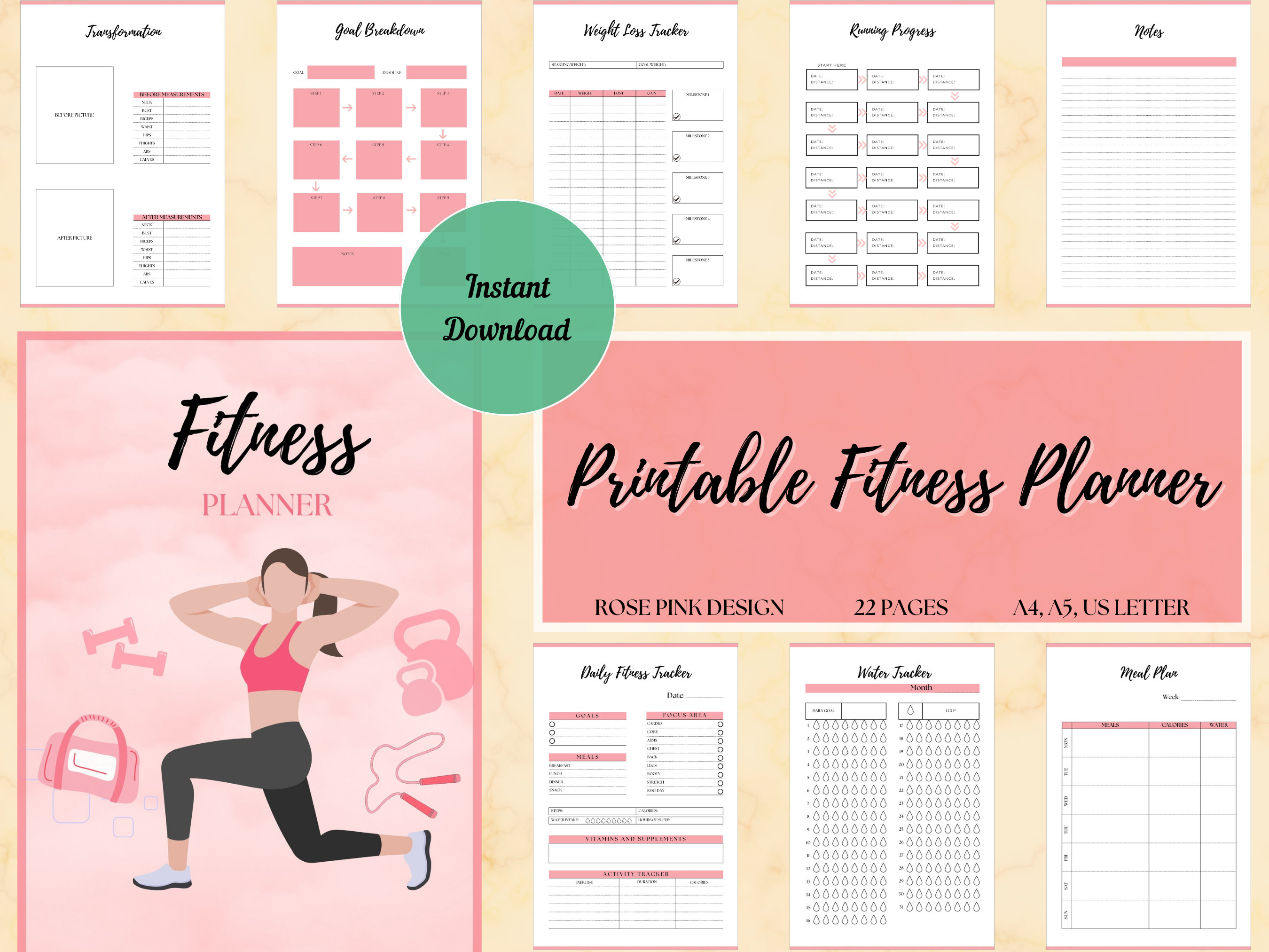 Pink Fitness Planner Printable, Girly Workout Journal Digital, Feminine ...