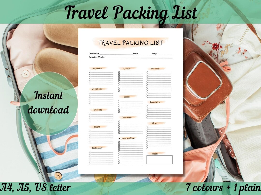 Travel Packing List Printable, Vacation Packing List Digital, in Orange ...