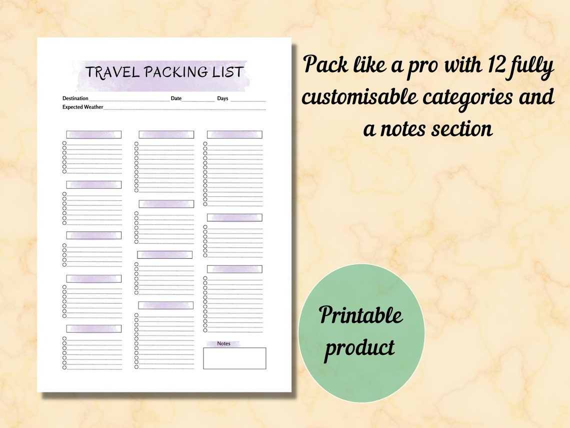 Travel Packing List Printable, Vacation Packing List Digital ...