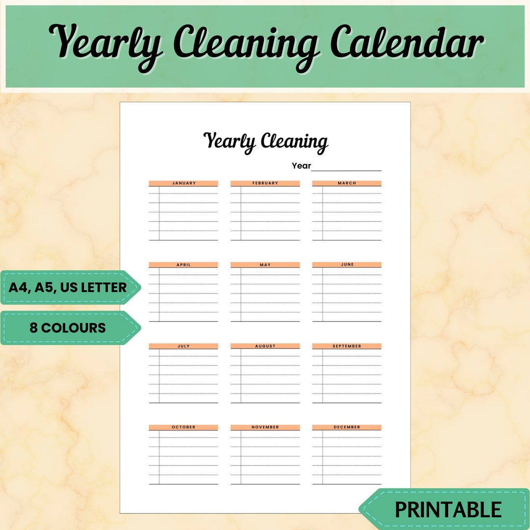 Yearly Cleaning Calendar, Printable Cleaning Planner, Cleaning ...