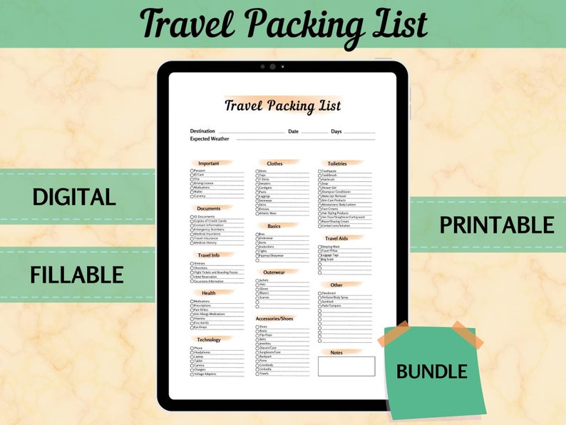 EDITABLE Digital Travel Packing List Bundle, Printable Vacation Packing ...