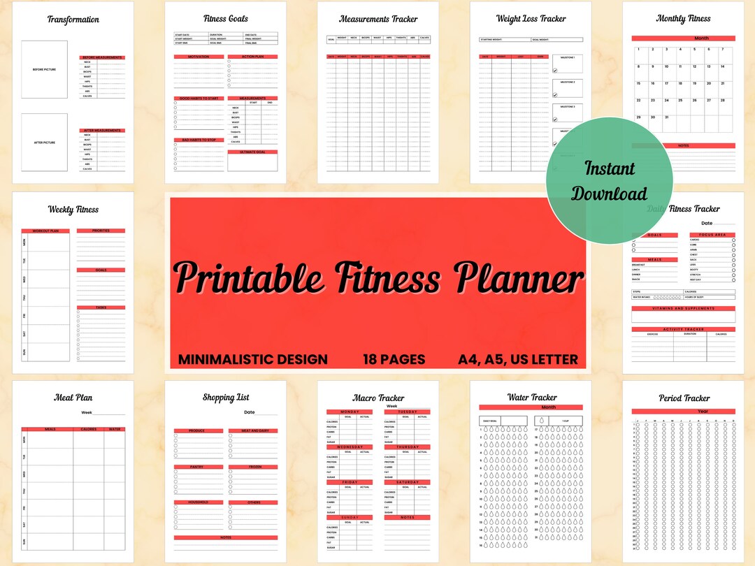 Red Fitness Planner Printable, Workout Journal Digital, Weight Loss ...