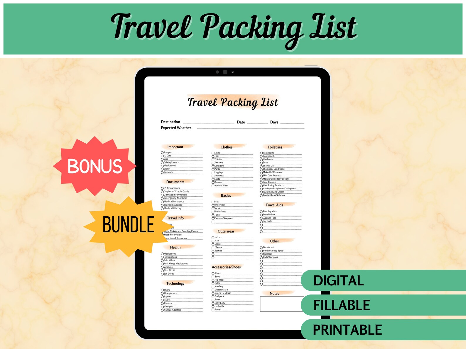 EDITABLE Digital Travel Packing List Bundle, Printable Vacation Packing ...