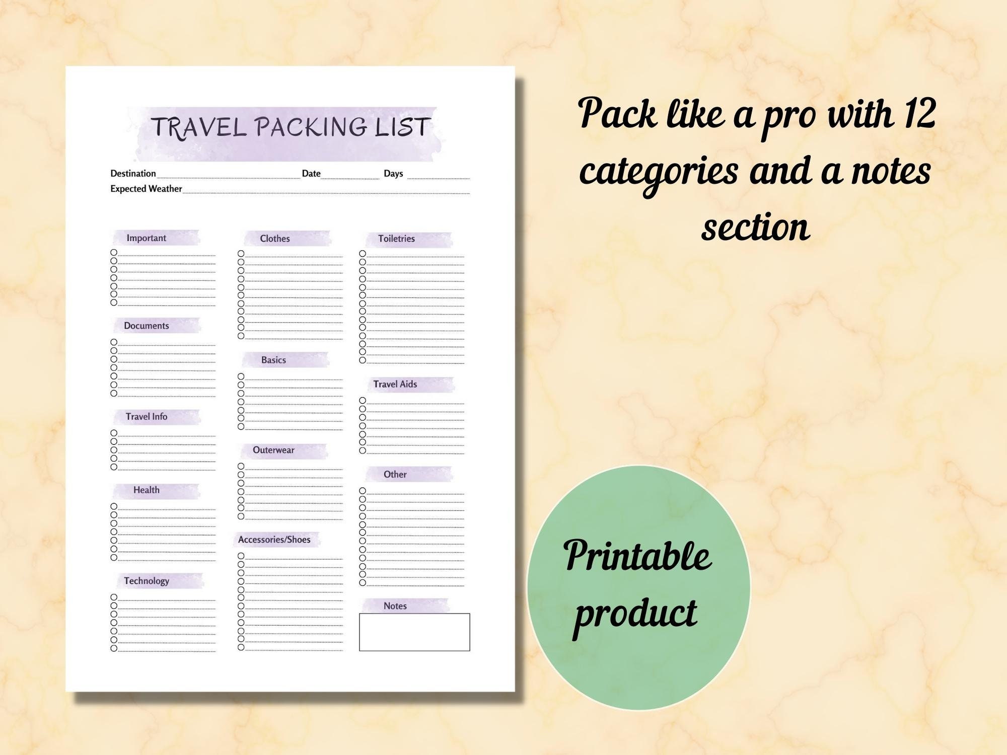 Travel Packing List Printable, Vacation Packing List Digital, in Orange ...