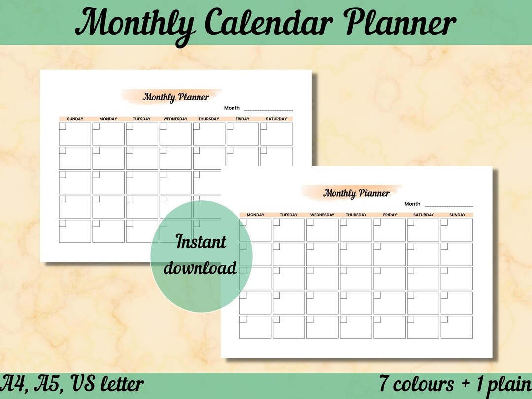 Horizontal Monthly Printable Planner, Undated Digital Monthly Calendar ...